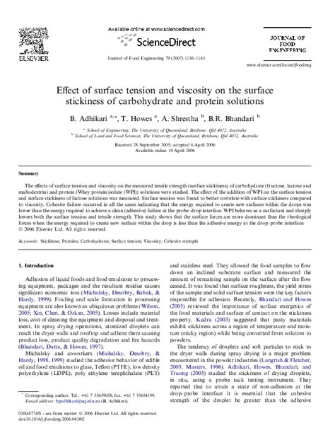 Pdf Effect Of Surface Tension And Viscosity On The Surface Stickiness