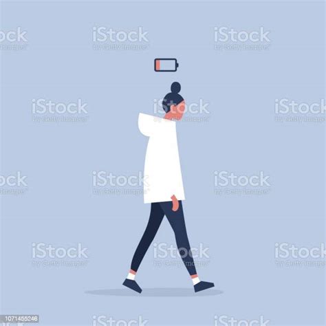 낮은 배터리 개념적 그림입니다 젊은 여성 문자 소진 현대 도시 생활 편집 가능한 벡터 일러스트 레이 션 플랫 배터리 전원에 대한