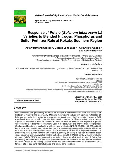 Pdf Response Of Potato Solanum Tuberosum L Varieties To Blended Nitrogen Phosphorus And