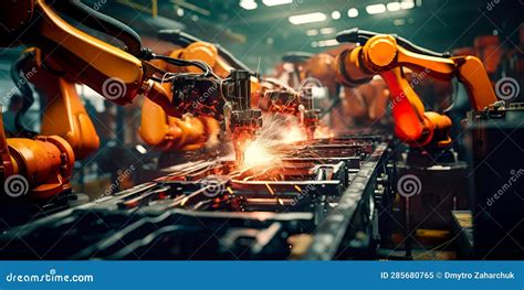 Industrial Robots Assembling And Welding Components On A Production