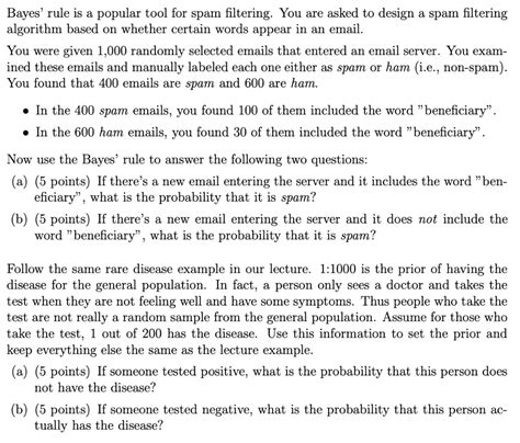 solved bayes rule is a popular tool for spam filtering you