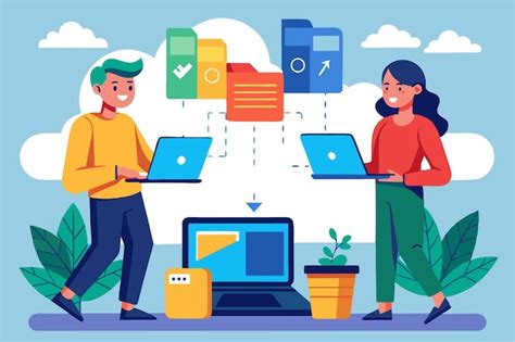 Two Individuals Transfer Files Between Their Laptops In A Vibrant Workspace Promoting Teamwork