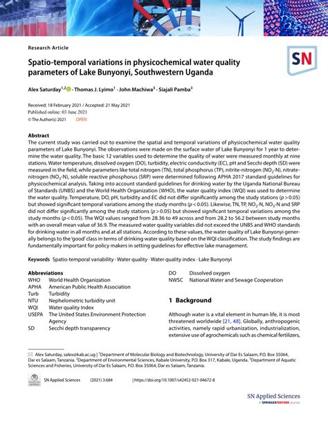 Pdf Spatio Temporal Variations In Physicochemical Water Quality Parameters Of Lake Bunyonyi