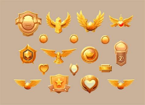 Premium Vector Set Of Game Level Icons Empty Golden Medals With Banners Wingsisolated On