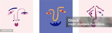 벡터 일러스트 초상화 초현실적 인 얼굴의 집합 추상적인 모양 얼굴의 실루엣 모던한 얼굴을 가진 포스터 수집 추상적인에 대한 스톡 벡터 아트 및 기타 이미지 Istock