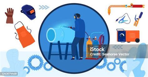 금속 작업 용접 벡터 일러스트 보호 마스크와 장갑 용접 금속 파이프에서 만화 플랫 전문 용접기 남자 캐릭터 강철에 대한 스톡 벡터 아트 및 기타 이미지 Istock