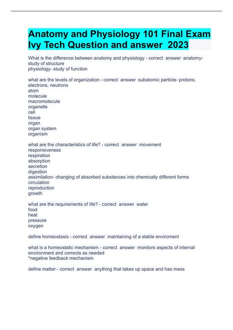 Anatomy And Physiology 101 Final Exam Ivy Tech Question And Answer 2023 Anatomy And Physiology