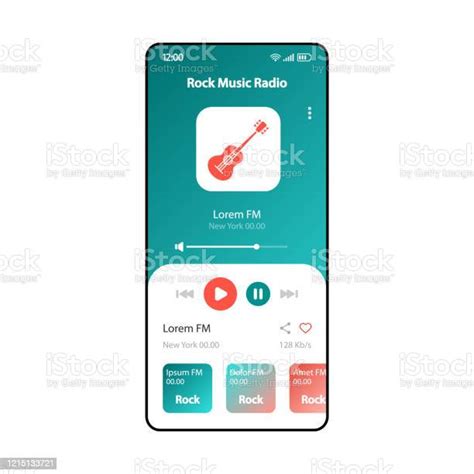 록 음악 Fm 라디오 스마트 폰 인터페이스 벡터 템플릿입니다 모바일 음악 플레이어 앱 페이지 현대 디자인 레이아웃입니다 앨범