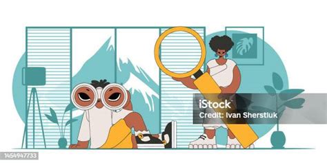 Tema Sdm Sekelompok Orang Sdm Yang Menarik Menggunakan Teropong Dan Kaca Pembesar Ilustrasi Stok