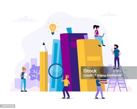 독서와 학습 개념 그림 책 연필 다양 한 작업을 수행 하는 작은 사람들 문자 평면 스타일에서 벡터 일러스트 레이 션 개념에 대한