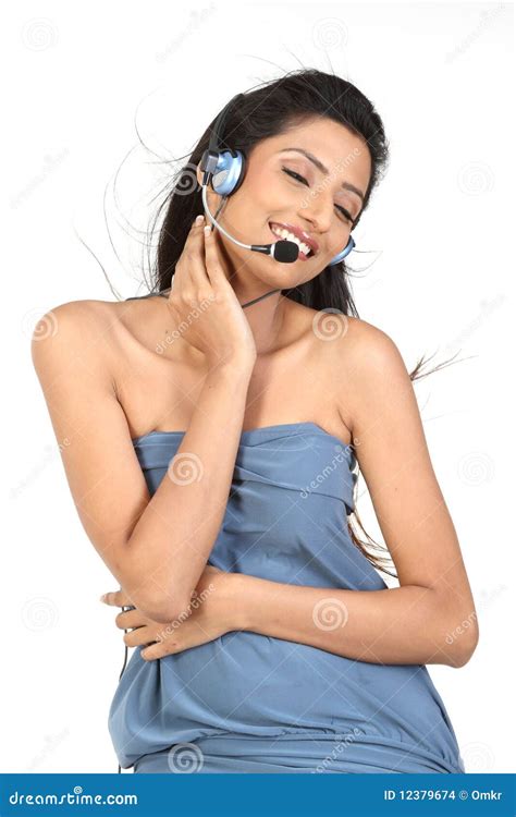 Indian Woman With Microphone Stock Photo Image Of Desk Operator
