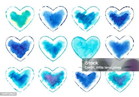 흰색 바탕에 수채화 파란색 하트 세트입니다 엽서 청첩장 발렌타인 데이 디자인 0명에 대한 스톡 벡터 아트 및 기타 이미지 0명 결혼식 공휴일 Istock