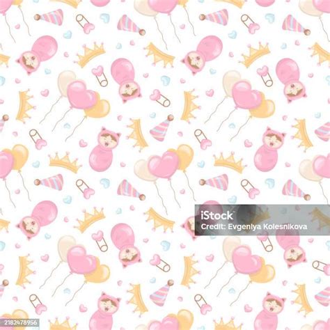 아기 하트 모양의 풍선 핀 왕관 파티 모자 및 심장과 완벽 한 패턴 아기 옷 섬유 포장 웹 배경 직물 포장지 장식에 이상적입니다 공휴일에 대한 스톡 벡터 아트 및 기타