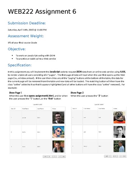 WEB222 Assignment 06 The First Page Of Data Will Load When The User First Opens Up The Html