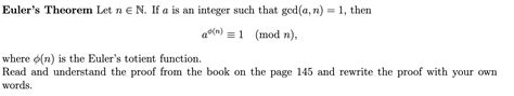 solved euler s theorem let n∈n if a is an integer such that