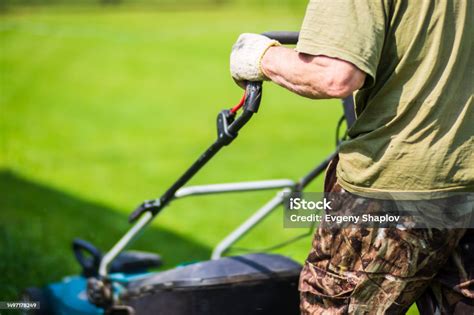 현대 정원이나 뒤뜰의 푸른 잔디에 잔디 이동 잔디밭을 자르는 기계 원예 관리 도구 및 장비 0명에 대한 스톡 사진 및 기타 이미지 Istock