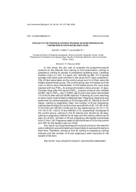 Pdf Efficacy Of The Presynch Ovsynch Program On Some Reproductive