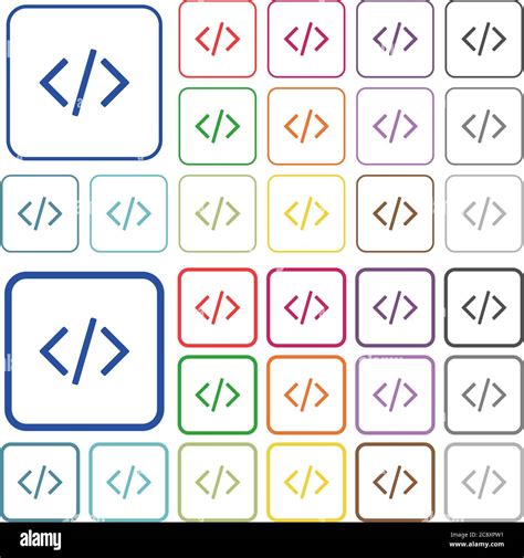 set of programming code flat rounded square framed color icons on white