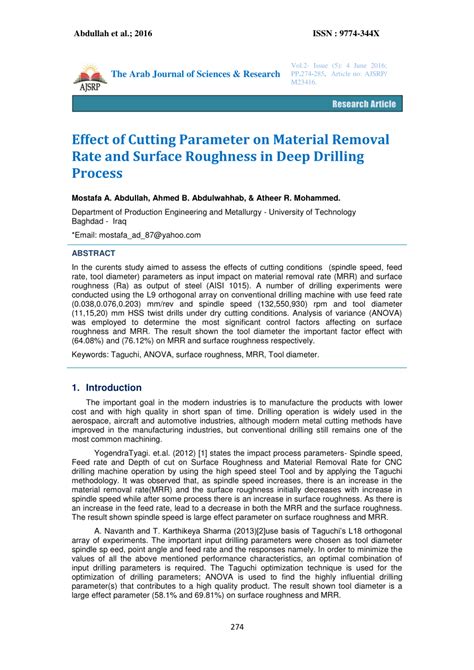 Pdf Effect Of Cutting Parameter On Material Removal Rate And Surface