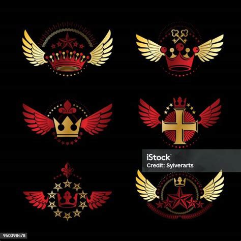 로얄 크라운과 고 대 별 엠 블 럼 설정합니다 전 령 팔의 외 투 장식 격리 벡터 일러스트 컬렉션에 서명합니다 군사에 대한 스톡 벡터 아트 및 기타 이미지 Istock