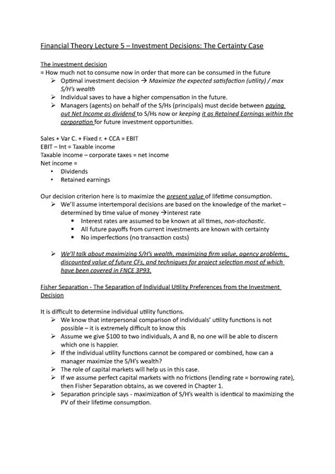 financial theory lecture 5 Ø managers agents on behalf of the s hs