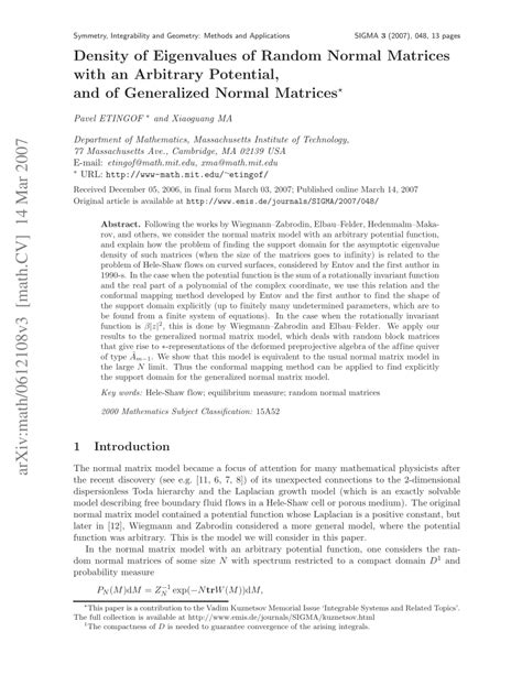 Pdf Density Of Eigenvalues Of Random Normal Matrices With An