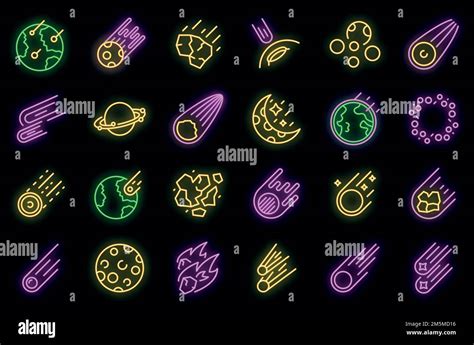 Asteroid Icons Set Outline Set Of Asteroid Vector Icons Neon Color On Black Stock Vector Image