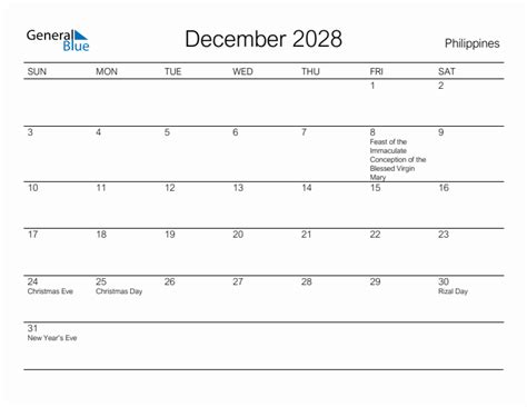 December 2028 Monthly Calendars With Philippines Holidays