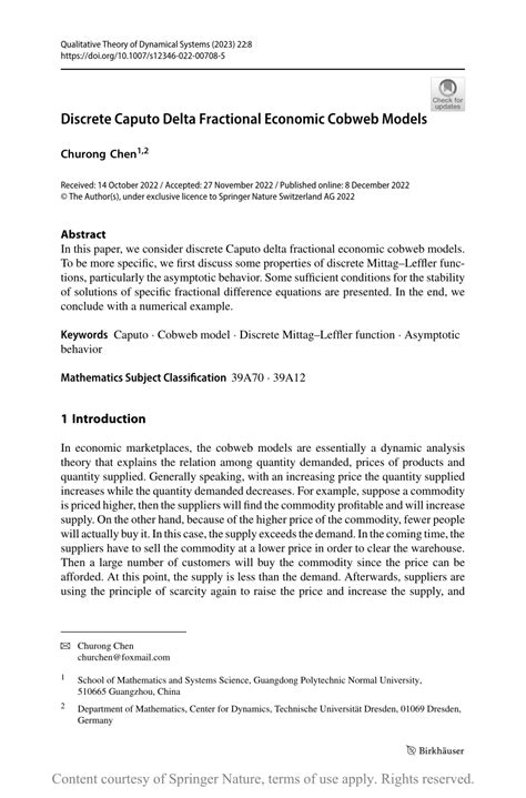 Discrete Caputo Delta Fractional Economic Cobweb Models Request Pdf