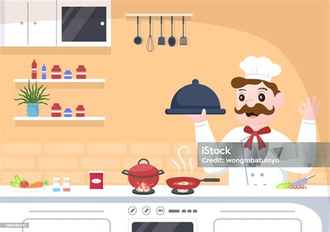포스터에 적합한 주방에서 만든 맛있는 음식을 제공하기 위해 다른 트레이와 음식이있는 전문 요리사 만화 캐릭터 요리 일러스트레이션
