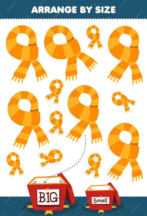 아이들을 위한 교육 게임은 크거나 작은 크기로 정렬하여 귀여운 만화 스카프 인쇄용 겨울 워크시트의 선물 상자에 넣습니다 프리미엄 벡터