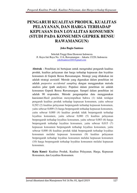 Jurnal Pengaruh Kualitas Produk Dan Harga Terhadap Kepuasan Konsumen Materi Soal