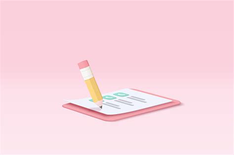 연필로 3d 화이트 클립보드 작업 관리 Todo 체크리스트 프로젝트 계획에 대한 효율적인 작업 빠른 진행 레벨 업 개념 과제 및 시험 체크리스트 아이콘 분홍색 배경의 3d