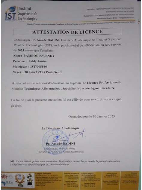 Attestation De Licence Pdf