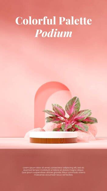 Пустой макет белый и деревянный цилиндр подиум в портрете красная аглаонема розовая стена 3d