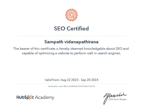 Sampath Vidanapathirana On Linkedin Hubspot Academy Seo Certification