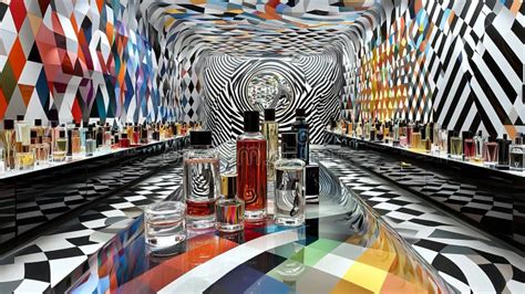 Elegant Perfume Shop Display Featuring Geometric Patterns And Colorful