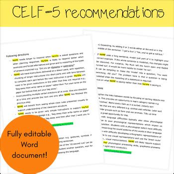 CELF 5 Assessment Report Recommendations Speech Language Therapy SLT