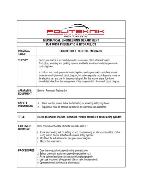 2lab Sheet Djj5123 Electro Pneumatics Pdf Laboratories Experiment