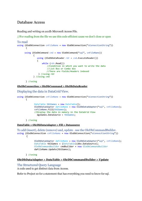 Programming Hints A Summary Of Notes Database Access Reading And