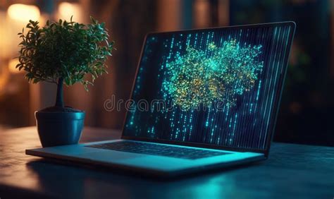 Digital Tree Visualization On Laptop Screen With Glowing Data Patterns