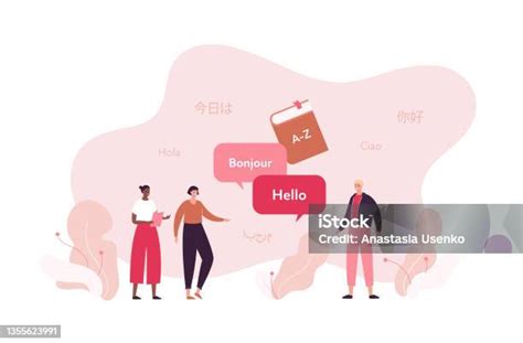 언어 학교 교육 개념 벡터 플랫 피플 일러스트레이션 학생의 다단계 그룹 책 안녕하세요와 Bonjour 텍스트와 음성 거품