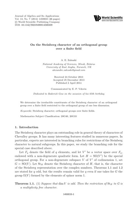 Pdf On The Steinberg Character Of An Orthogonal Group Over A Finite Field