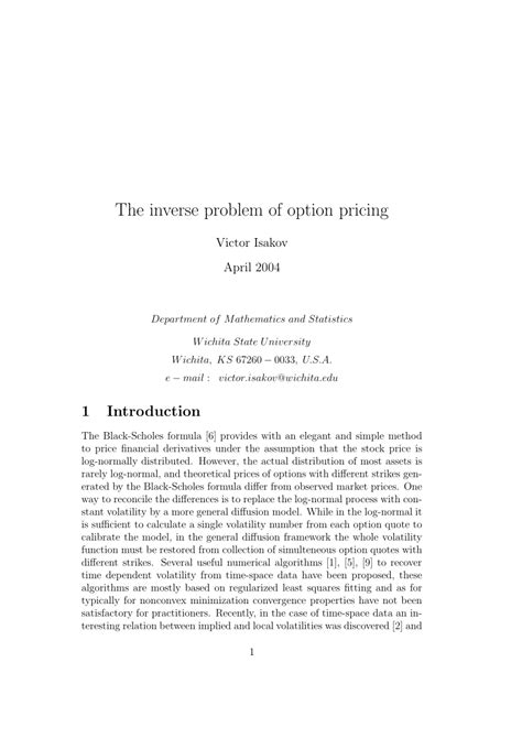 Pdf The Inverse Problem Of Option Pricing