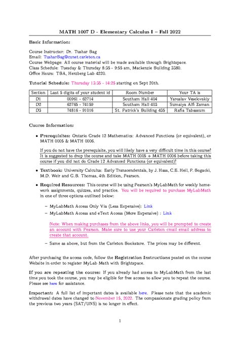 Course Outline Math 1007 D Math 1007 D Elementary Calculus I Fall 2022 Basic Information