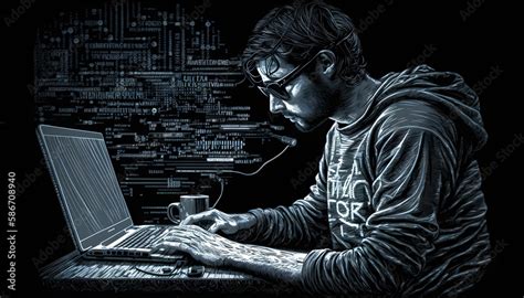 A Hacker Working On A Laptop With Technology Background Hacking And Tech Wizard Concept Art