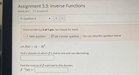 Solved Assignment Inverse Functions Score Chegg