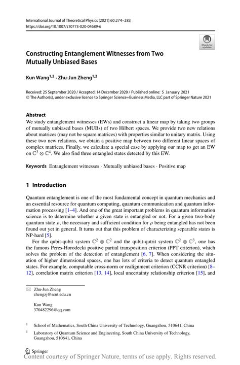 Constructing Entanglement Witnesses From Two Mutually Unbiased Bases Request Pdf