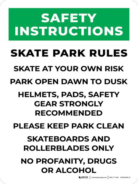 Safety Instructions Skate Park Rules Portrait Wall Sign