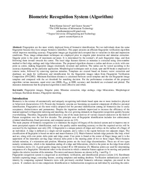 Pdf Biometric Recognition System Algorithm Gaurav Saxena